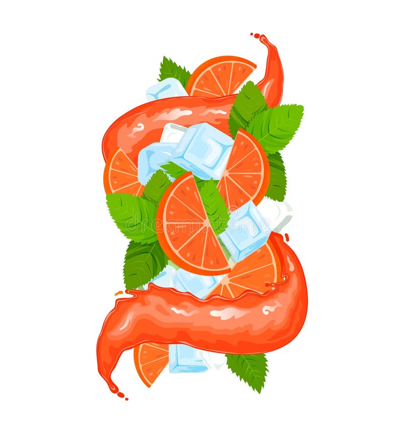 Grapefruit Juicy Drink Splash with Flat Style Juice Wave, Ice Cubes ...