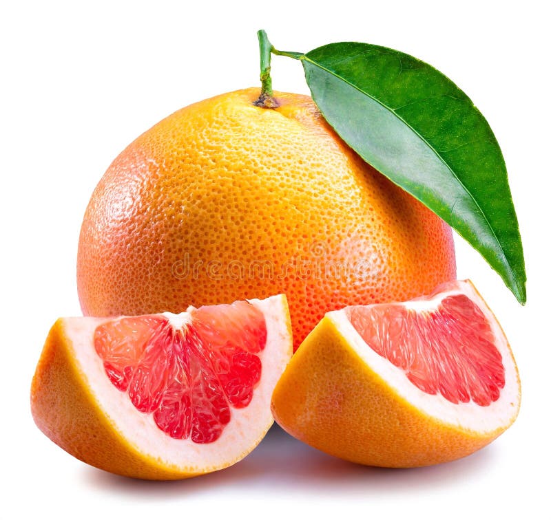 Grapefruit with Leaves and Halves Isolated on White Background. Stock ...
