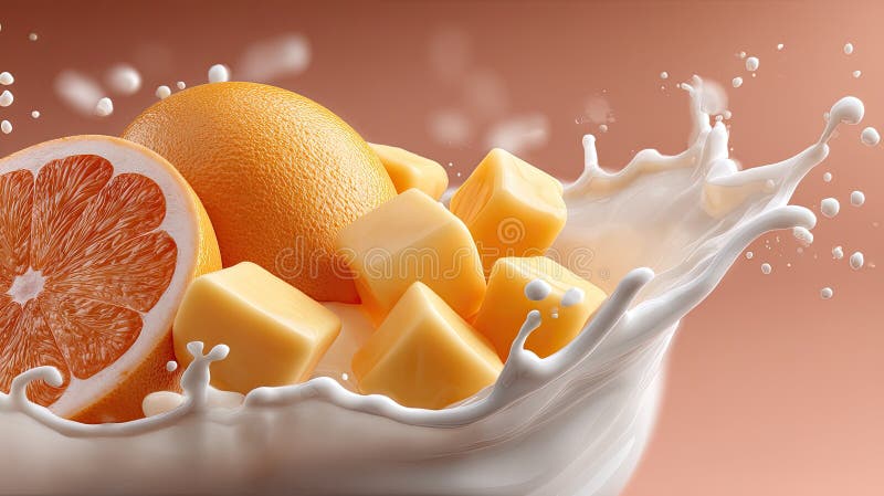 Grapefruit and Mango Cubes Gracefully Descend into Rich Milk Cream ...