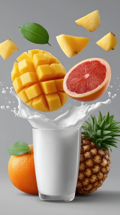 Grapefruit and Mango Cubes Gracefully Descend into Rich Milk Cream ...