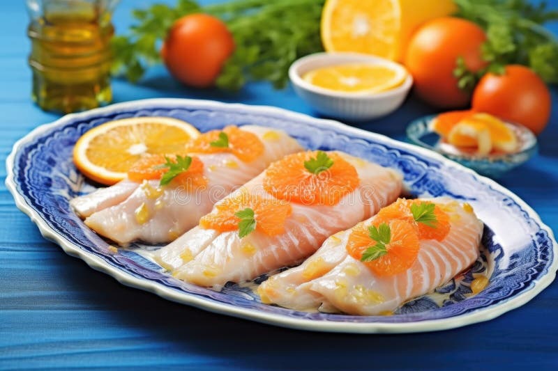 Grapefruit Marinated Fish Fillets on Blue Platter Stock Photo - Image ...
