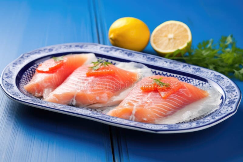 Grapefruit Marinated Fish Fillets on Blue Platter Stock Image - Image ...