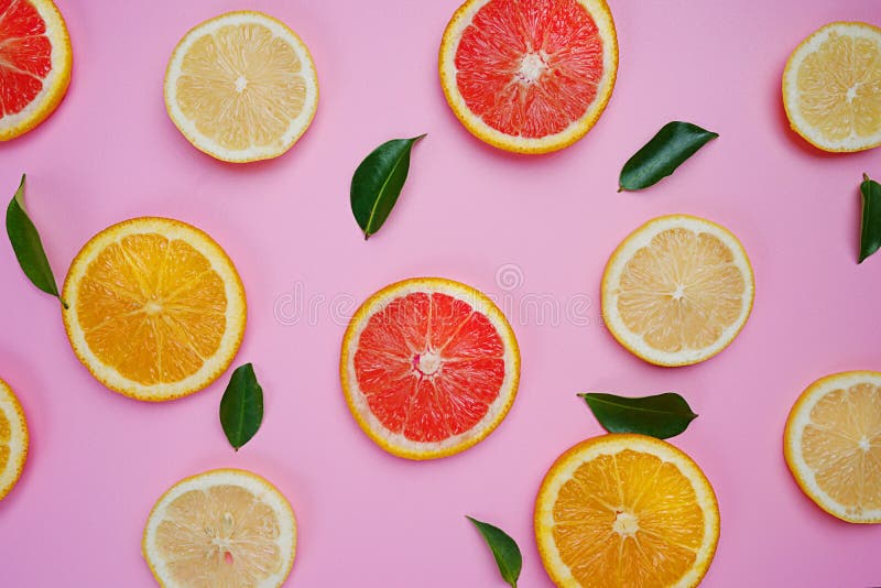 Grapefruit Orange Lemon Leaves Citrus Pattern on Pink Background Stock ...