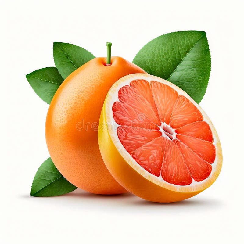Grapefruit with Slice and Leaves Isolated on White Background. 3d ...