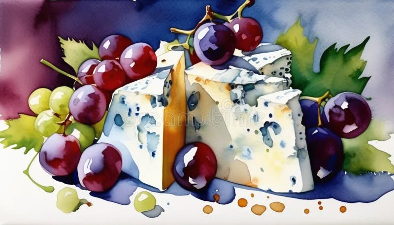Grapes and Blue Cheese Painted on Paper Stock Illustration ...