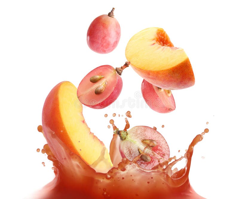Grapes and Cut Peach Falling into Juice on White Background Stock Photo ...