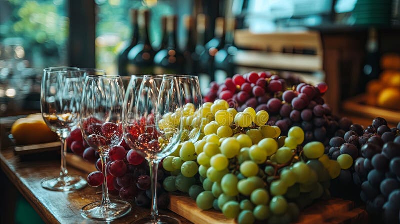Grapes and Glasses on Tasting Counter. Stock Photo - Image of counter ...
