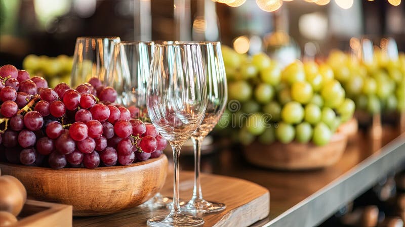 Grapes and Glasses on Tasting Counter. Stock Image - Image of fruit ...