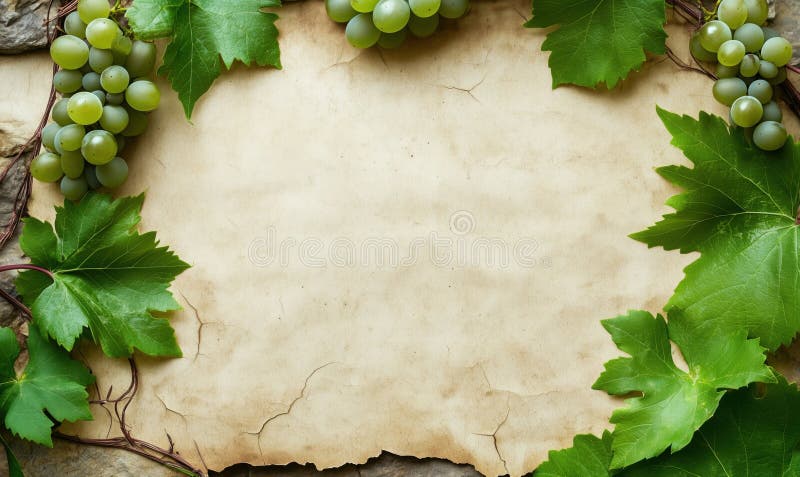 Grapes and Leaves Frame, Blank Parchment Background Surrounded by Green ...