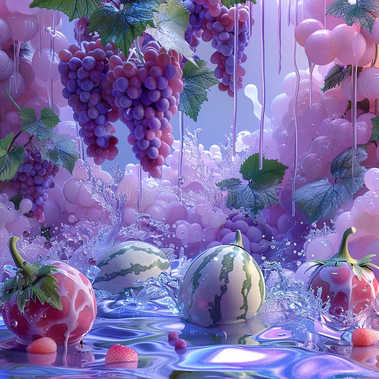 Grapes and Melons Floating on Water, Surrounded by Detailed Elements ...