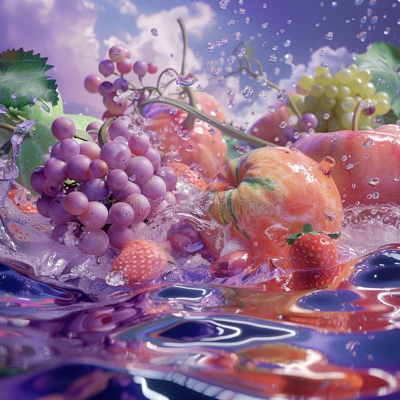 Grapes and Melons Floating on Water, Surrounded by Detailed Elements ...