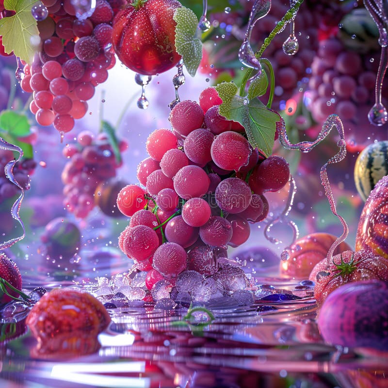 Grapes and Melons Floating on Water, Surrounded by Detailed Elements ...