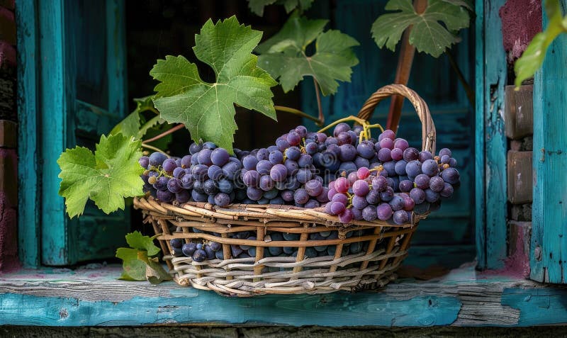 Grapes in a Quaint Basket on a Country Roadside Stand Stock Photo ...