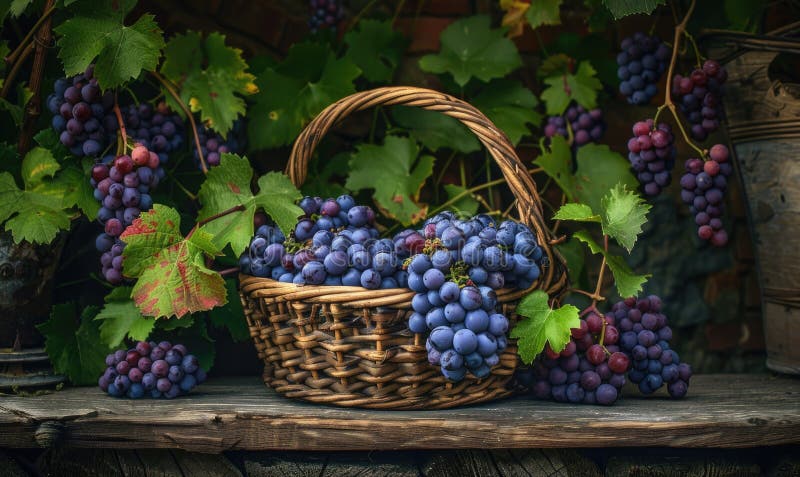 Grapes in a Quaint Basket on a Country Roadside Stand Stock Photo ...