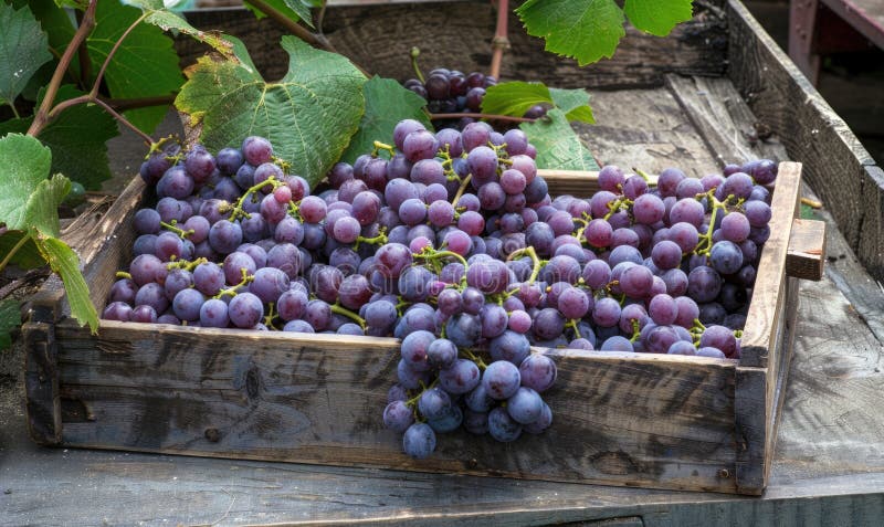 Grapes in a Rustic Crate at a Farm Market Stock Image - Image of vine ...