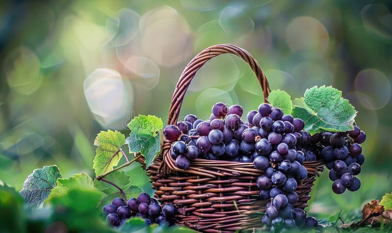 Grapes in a Simple Basket with a Green Countryside Background Stock ...