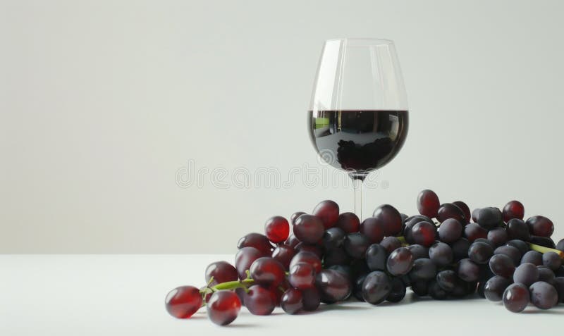 Grapes on a Simple White Background with a Glass of Red Wine Stock ...