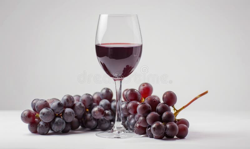 Grapes on a Simple White Background with a Glass of Red Wine Stock ...