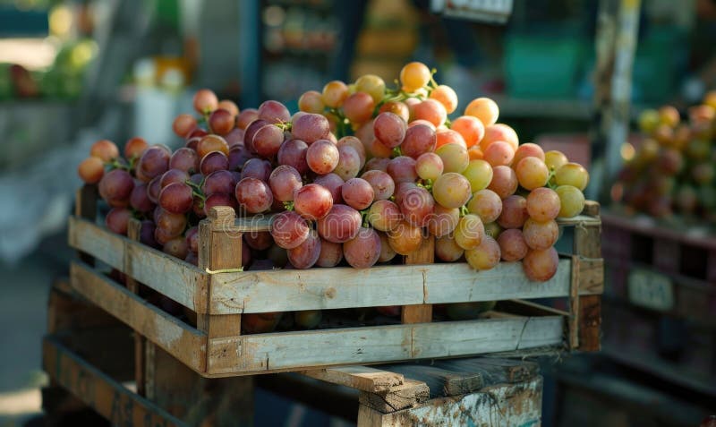 Grapes in a Simple Wooden Box at a Charming Market Stand Stock Image ...