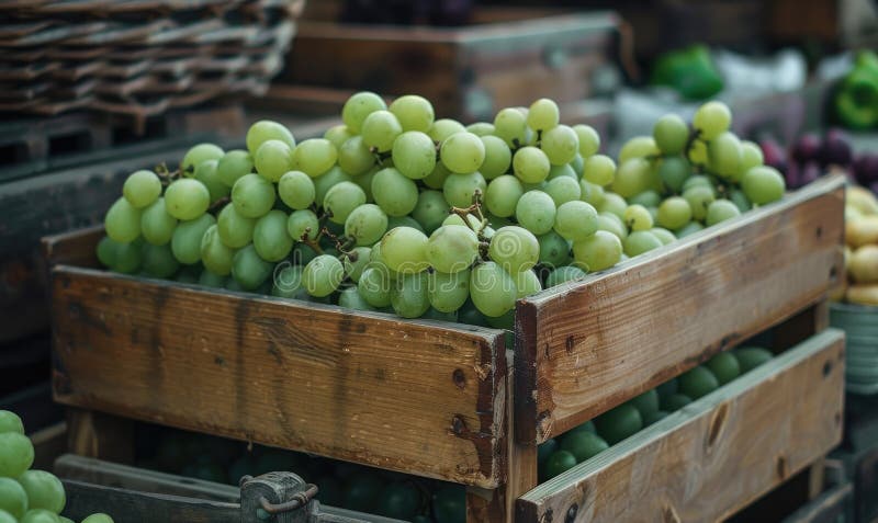 Grapes in a Simple Wooden Box at a Charming Market Stand Stock Photo ...