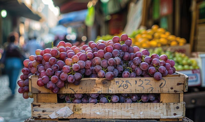 Grapes in a Simple Wooden Box at a Charming Market Stand Stock Photo ...