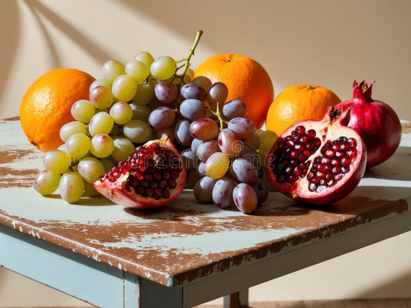 Grapes and Sliced Orange with Pomegranate on a Rustic Table. Stock ...