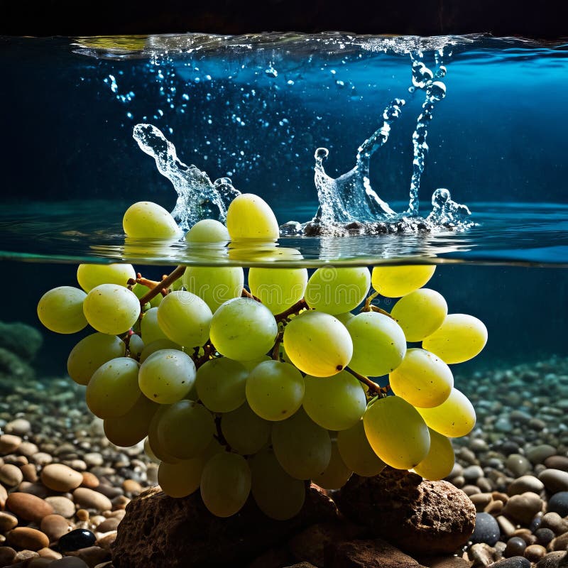 Splash Water Grapes in a Crystal-clear Stream with Smooth Stones and a ...