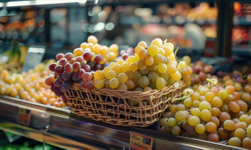 Grapes in a Stylish Basket in a Grocery Store Stock Image - Image of ...