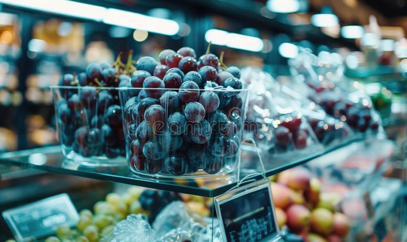 Grapes in a Stylish Glass Container in Grocery Store Stock Photo ...