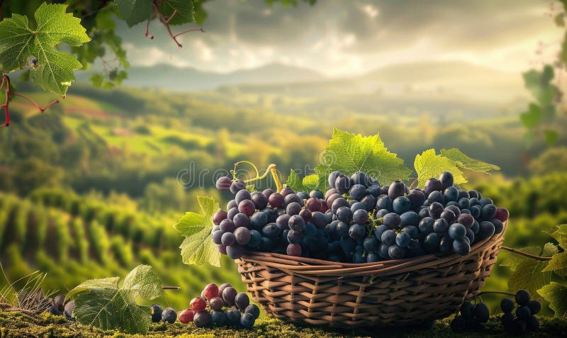 Grapes in a Vintage Basket with a Scenic Rural Backdrop Stock Photo ...