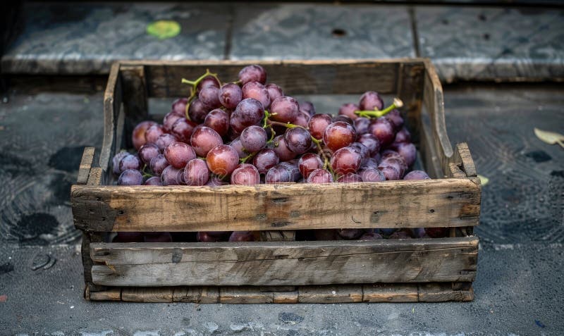 Grapes in a Vintage Wooden Crate on a Sidewalk Stand Stock Image ...