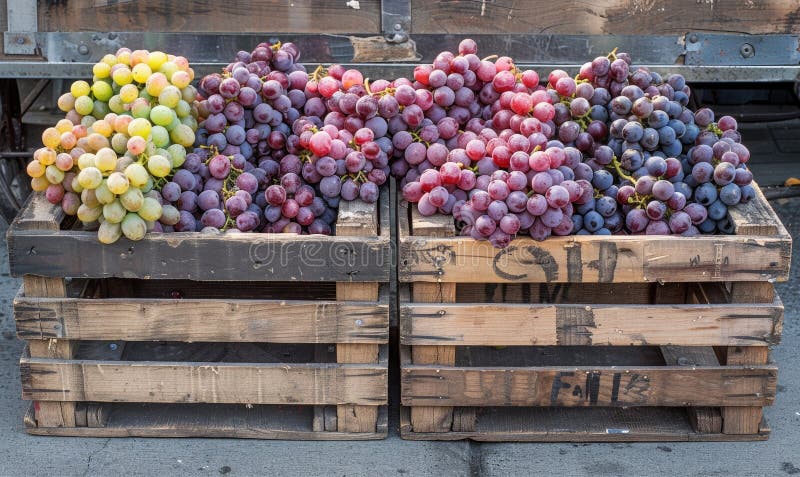Grapes in a Vintage Wooden Crate on a Sidewalk Stand Stock Image ...