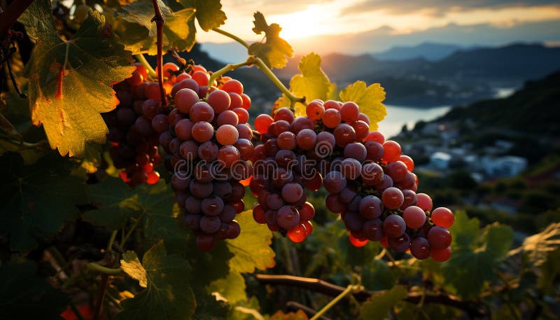 Grapevine Growth in Vineyard, Ripe Fruit Under Autumn Sunset Generated ...