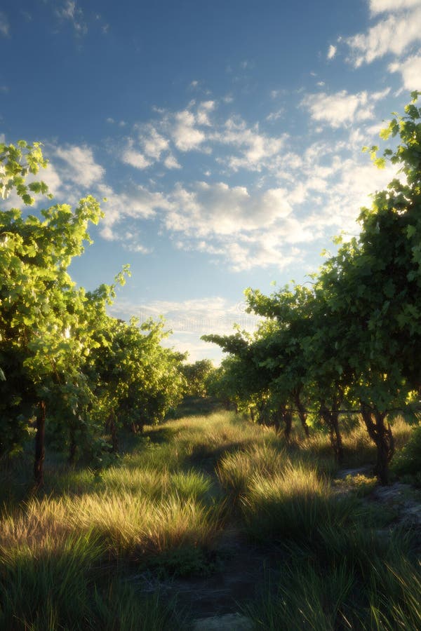 Grapevines Extending Across Vineyard Landscape, Golden Sunlight ...