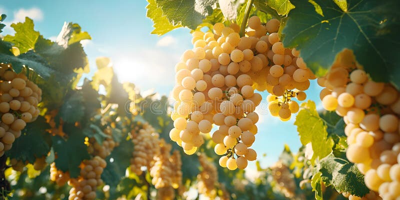 Rows of Grapevines Heavy with Ripe White Grapes Under a Sunny Sky ...