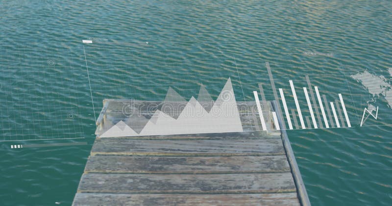 Graph and Bar Chart Animation Over Wooden Dock Extending into Water ...