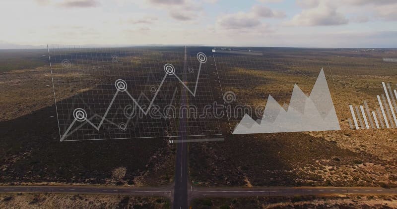 Graph and Bar Chart Image Over Aerial View of Road through Desert ...