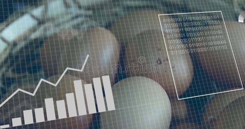 Graph And Binary Code Animation Over Eggs In Grid Pattern Stock Video