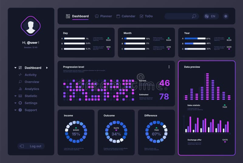 Dashboard Graphs. Statistical Data Charts, Financial Process Bar and Infographic Diagrams Vector ...