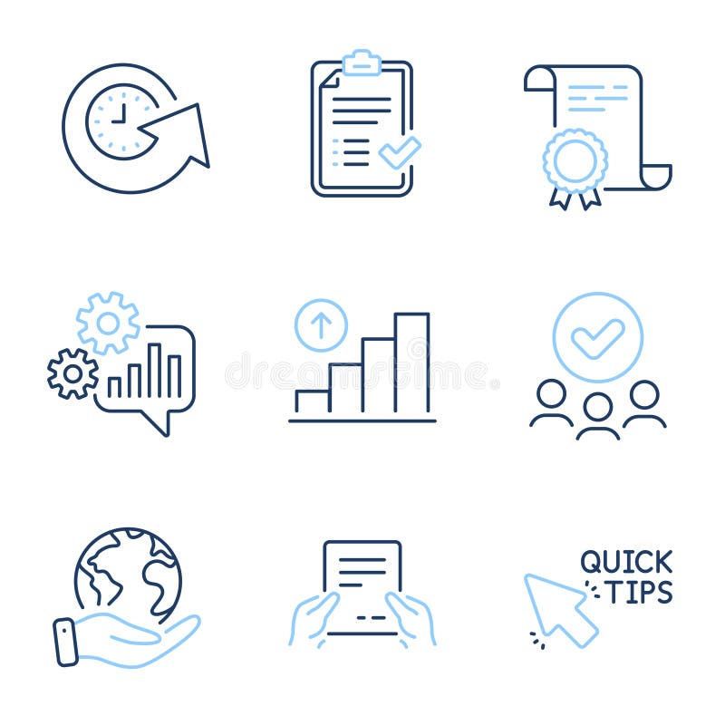 Graph Chart, Update Time and Approved Checklist Icons Set. Cogwheel ...