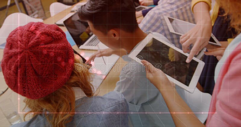 Graph and Data Points Image Over People Working with Tablets and ...