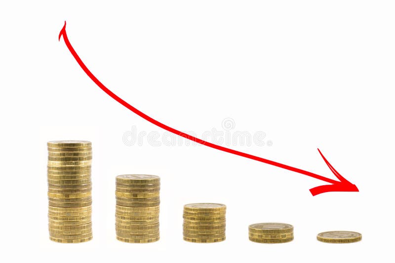 The Graph of Fall of the Coins. Red Arrow Down Stock Image - Image of ...