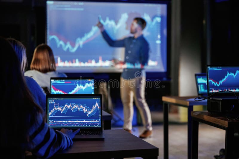 Graph is Going Up. Male Business Trainer is Against Projector with Data ...