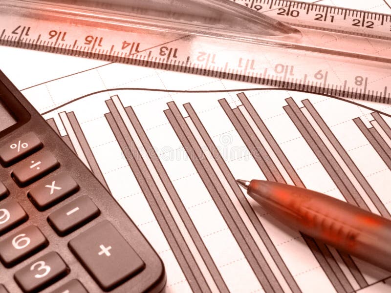 Graph, Pen, Ruler and Calculator (red) Stock Photo - Image of report ...