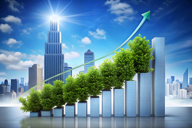 Trees Sprouting from Graph, Arrow To Urban Designs in Sky Stock ...