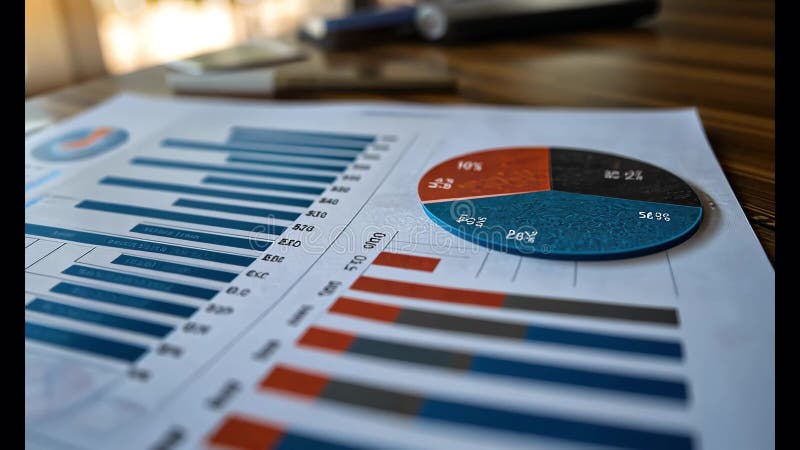 Graph is on a Table with a Pie Chart on Top of it. the Pie Chart is ...