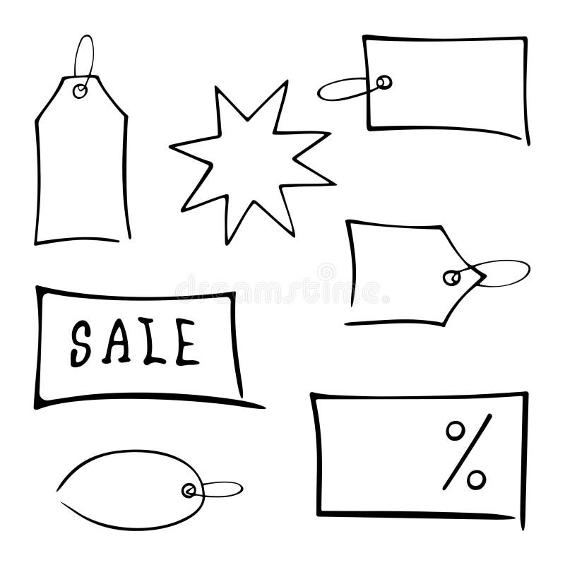 A Set of Black and White Empty Price Tags, Hand-drawn in Doodle Style ...