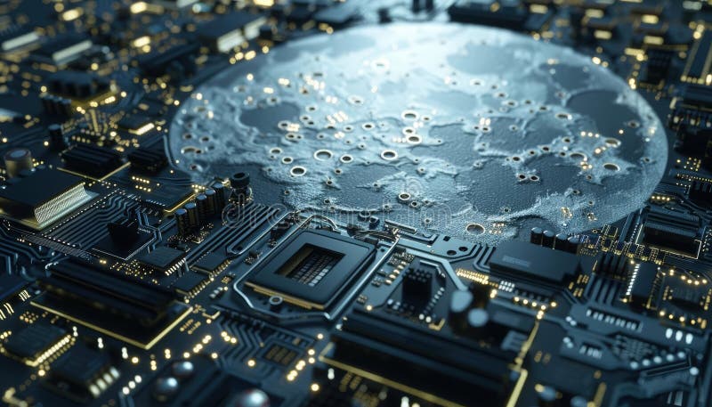 Graphic of Abstract Art of AI Integration on a Moonlit Electronic ...