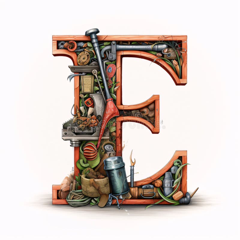 Letter E Made of Vintage Hand Tools and Accessories. 3D Rendering Stock ...