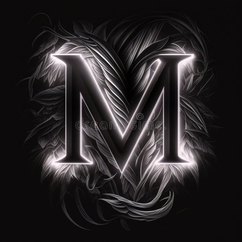 Letter M in the Form of Feathers with a Beautiful Pattern on a Black ...